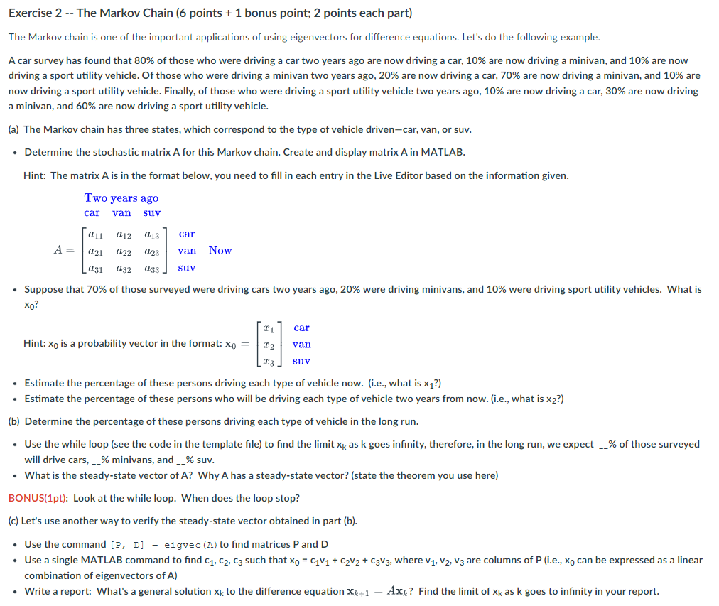 Solved Exercise 2−− The Markov Chain (6 points +1 bonus | Chegg.com