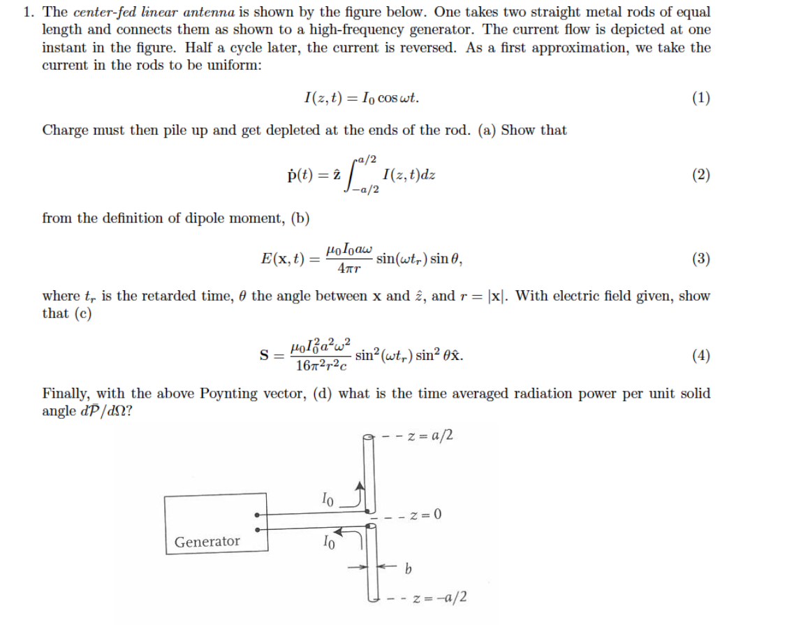 Solved 1. The center-fed linear antenna is shown by the | Chegg.com
