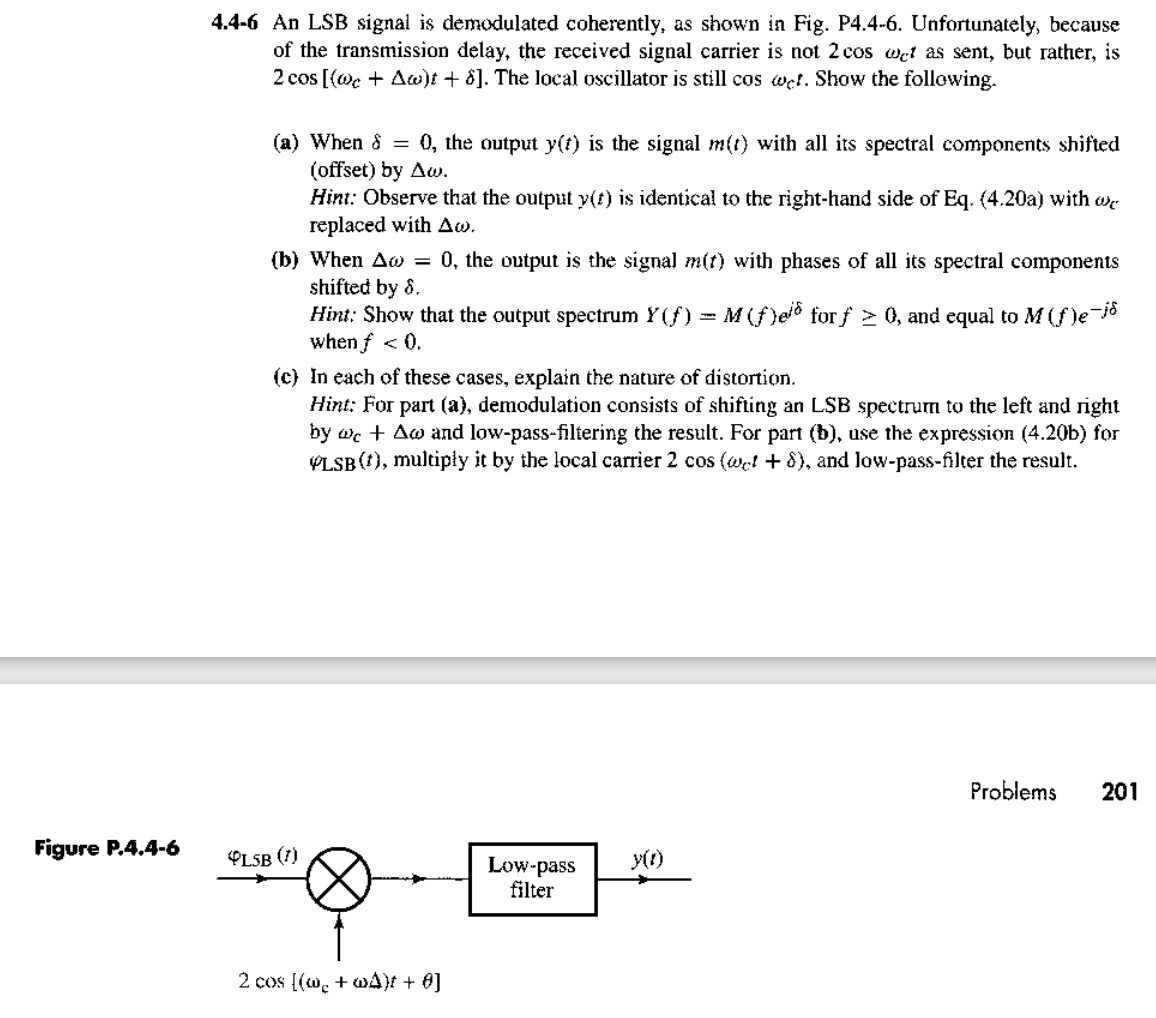 Solved 4.4-6 An LSB signal is demodulated coherently, as | Chegg.com