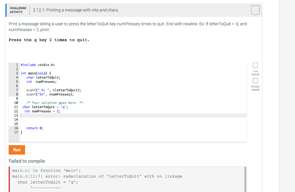 Solved: CHALLENGE 2.12.1: Printing A Message With Ints And... | Chegg.com