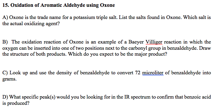 Solved 15. Oxidation of Aromatic Aldehyde using Oxone A) | Chegg.com
