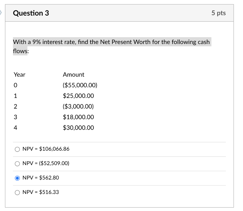 Solved With a 9% interest rate, find the Net Present Worth | Chegg.com