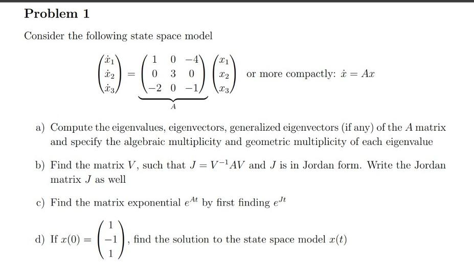Consider the following state space model | Chegg.com
