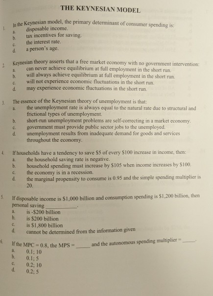 Solved THE KEYNESIAN MODEL Keynesian model, the primary | Chegg.com