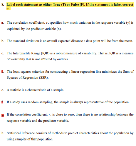 Solved 8. Label each statement as either True (T) or False | Chegg.com