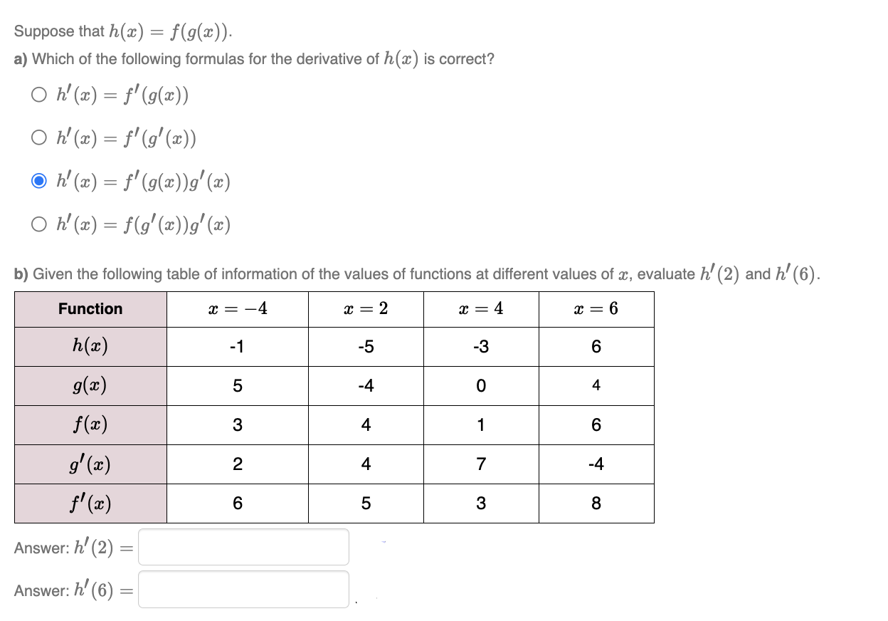 Solved se that h(x)=f(g(x)) ich of the following formulas | Chegg.com