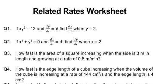 Solved Related Rates Worksheet Q1. If xy2=12 and dtdy=6 find | Chegg.com