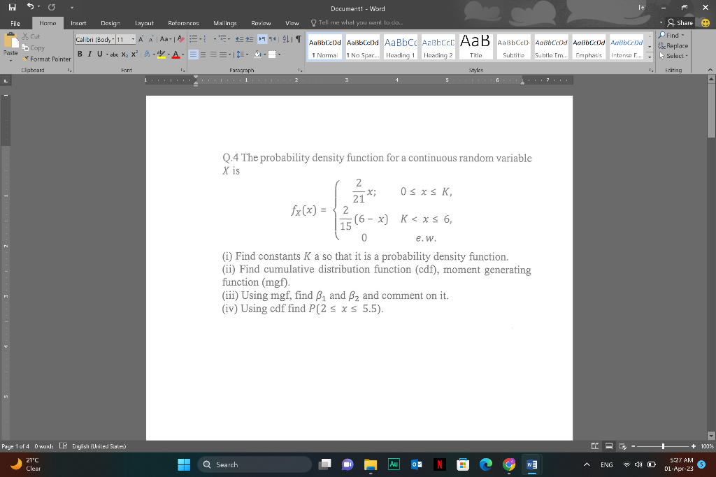 Solved Q.4 The probability density function for a continuous | Chegg.com