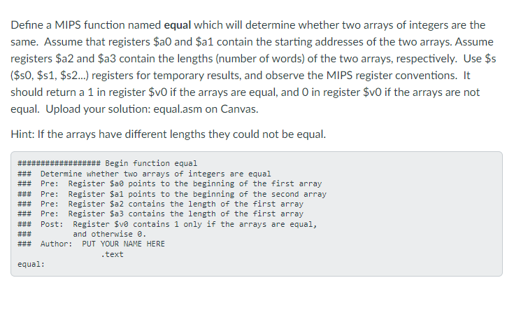 Solved Define a MIPS function named equal which will | Chegg.com