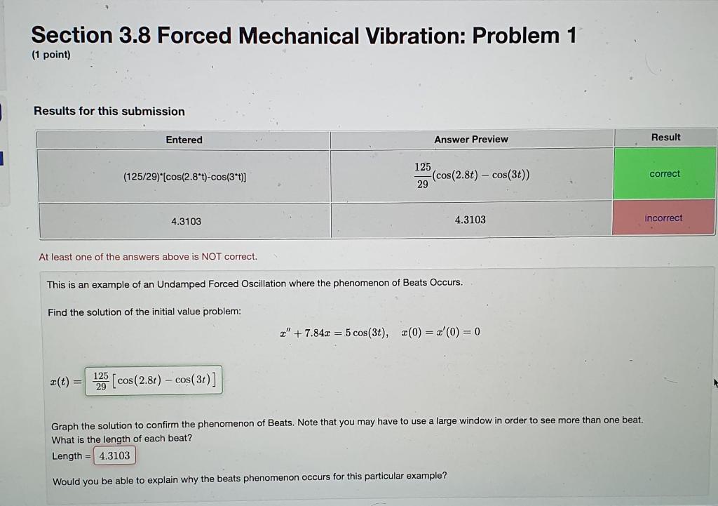 Solved Section 3.8 Forced Mechanical Vibration: Problem 1 (1 | Chegg.com