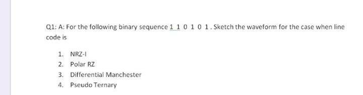 Solved Q1: A: For the following binary sequence 1 1 0 1 0 1. | Chegg.com