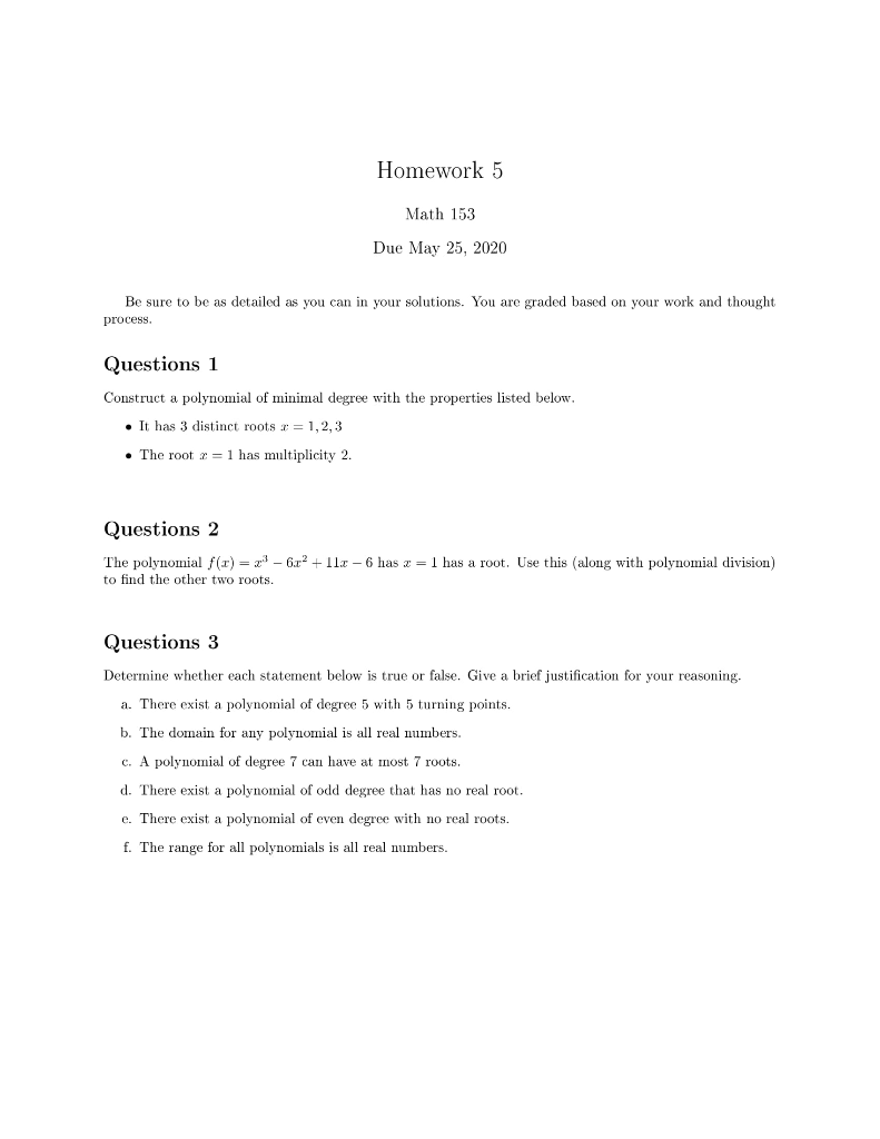 Solved Homework 5 Math 153 Due May 25, 2020 Be sure to be as | Chegg.com