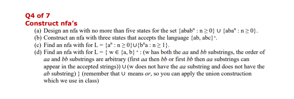 Solved Q4 of 7 Construct nfa's (a) Design an nfa with no | Chegg.com