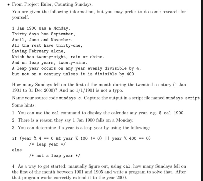 Solved From Project Euler, Counting Sundays: You are given | Chegg.com