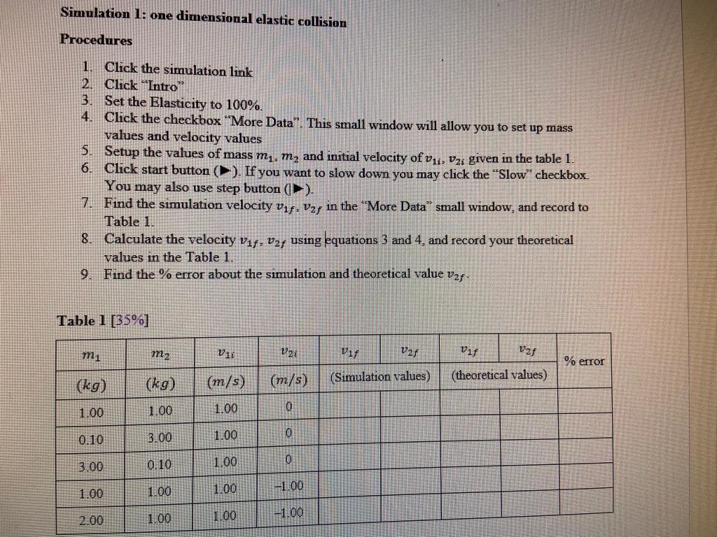 Simulation 1: one dimensional elastic collision | Chegg.com