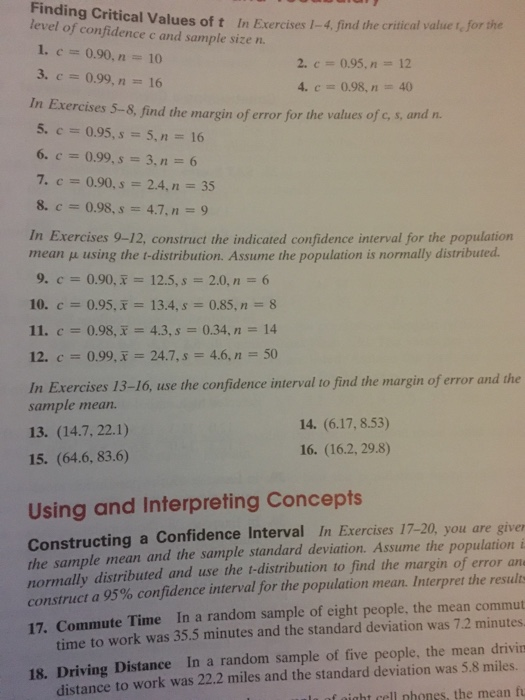 Solved Finding Critical Values of t level of confidence c | Chegg.com