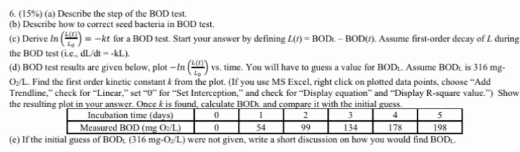 Solved 6.(15%) (a) Describe the step of the BOD test. (b) | Chegg.com