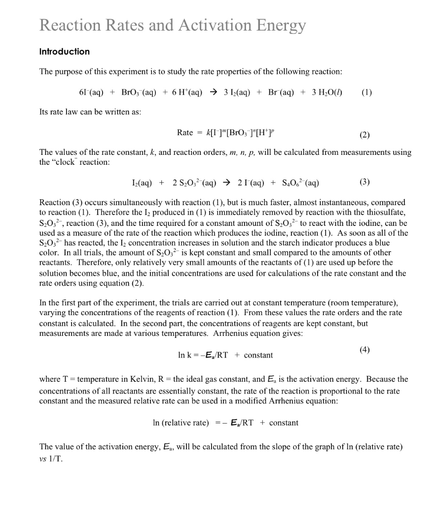 Solved Reaction Rates and Activation Energy Introduction The | Chegg.com