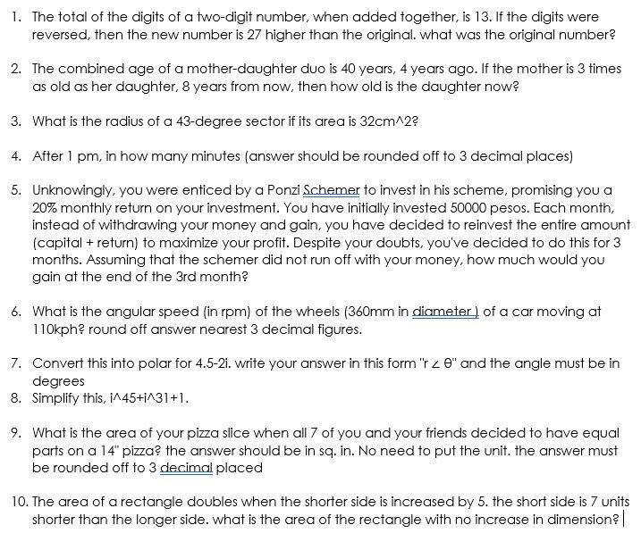 Solved 1. The total of the digits of a two-digit number, | Chegg.com