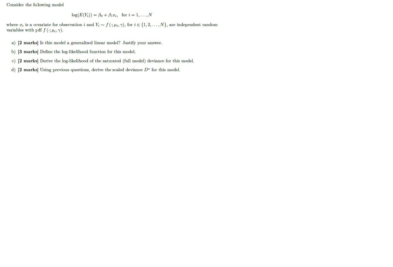 Consider the following model log(E(Yi))=β0+β1xi, for | Chegg.com