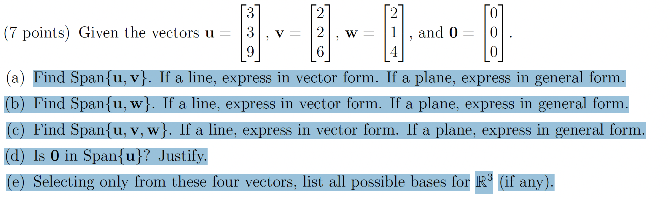 Solved (7 points) Given the vectors | Chegg.com