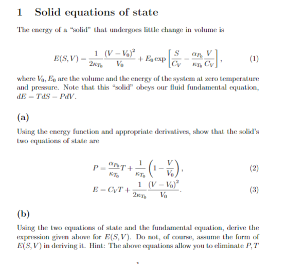 1 Solid equations of state The energy of a "solid" | Chegg.com