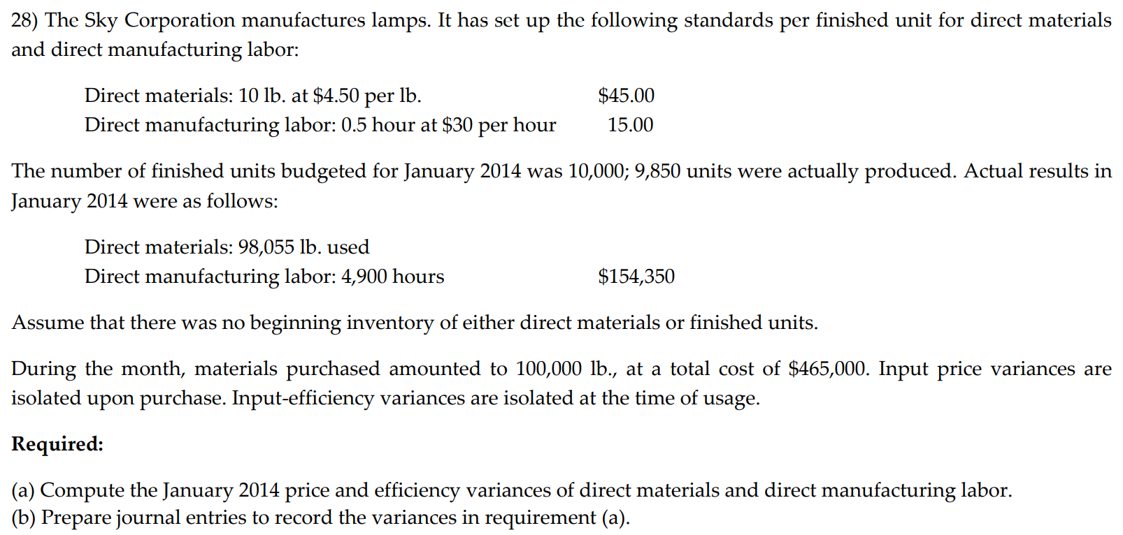 Solved 28) The Sky Corporation manufactures lamps. It has | Chegg.com