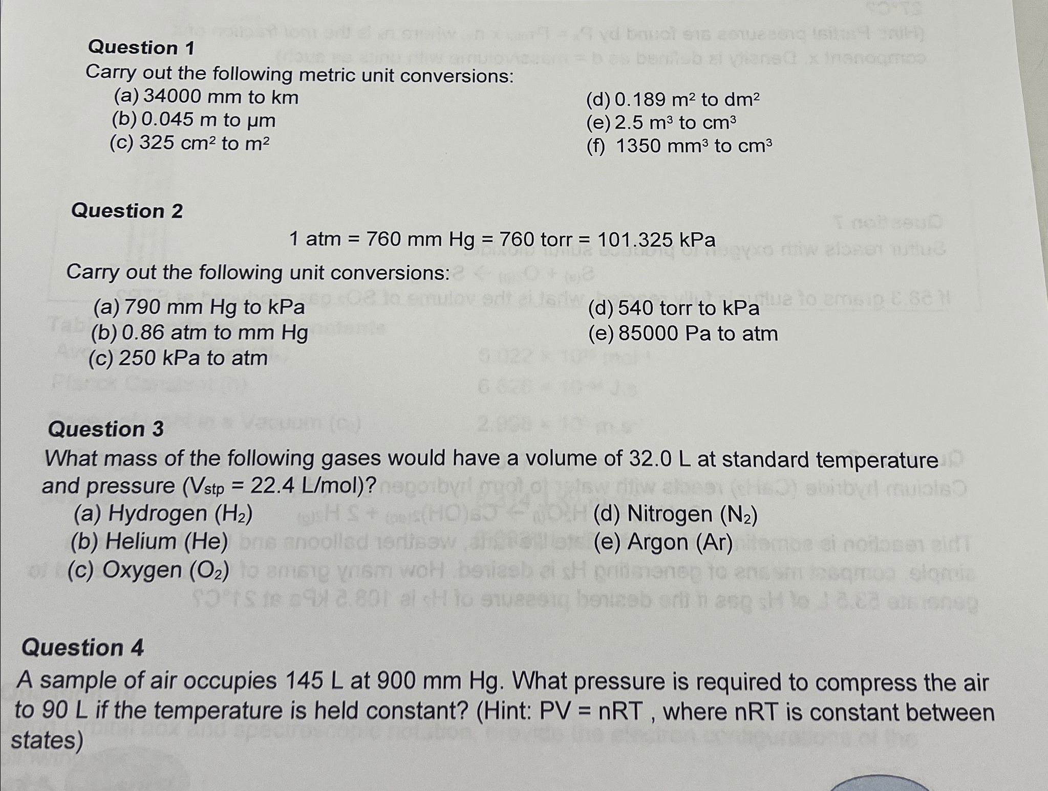 Solved Question 1 Carry out the following metric unit | Chegg.com