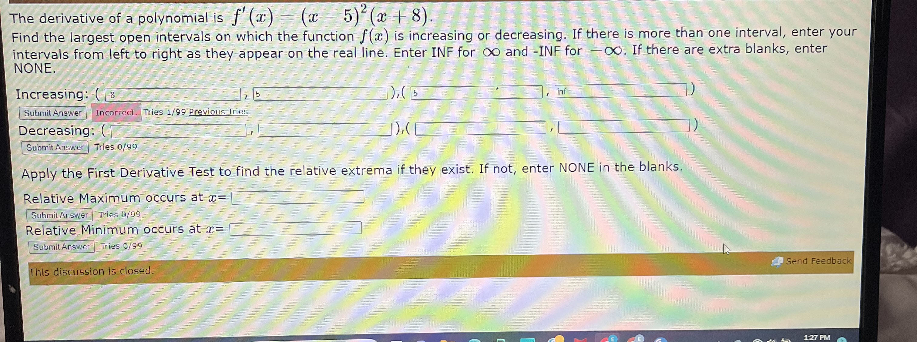 Solved The derivative of a polynomial is f′(x)=(x−5)2(x+8). | Chegg.com