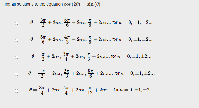 Solved Find all solutions to the equation cos(2θ)=sin(θ). | Chegg.com