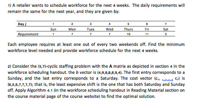Solved 1) A retailer wants to schedule workforce for the | Chegg.com