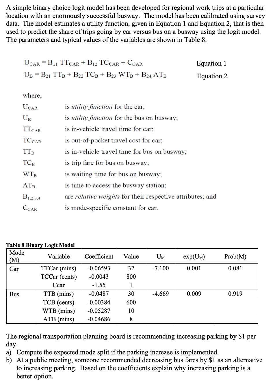 Solved A simple binary choice logit model has been developed | Chegg.com