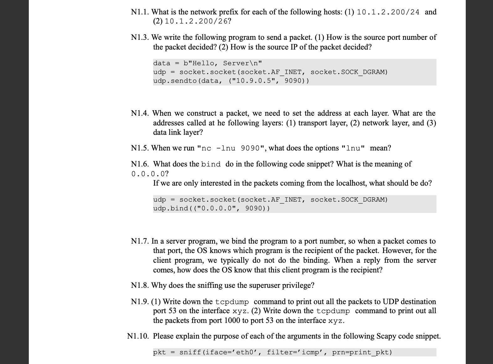Solved N1.1. ﻿What is the network prefix for each of the | Chegg.com