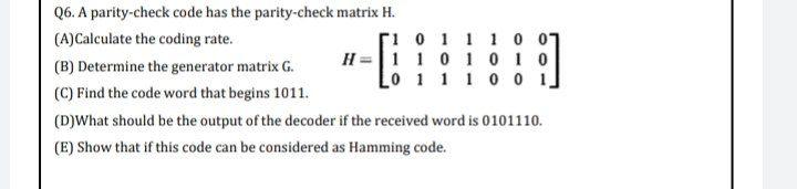 Solved Q6. A parity-check code has the parity-check matrix | Chegg.com