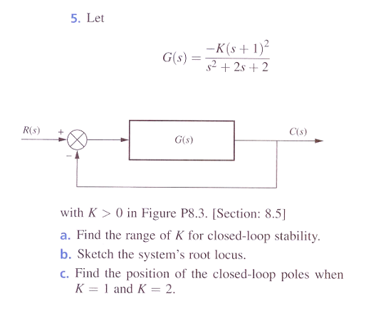 Solved 5. Let Go)-H212 22s+2 R(s)+ C(s) G(s) with K >0 in | Chegg.com