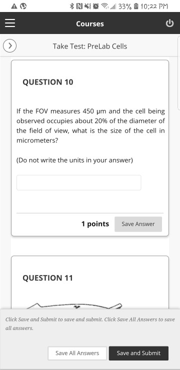 Solved A *NVO 33% 10:22 PM Courses Take Test: PreLab Cells | Chegg.com