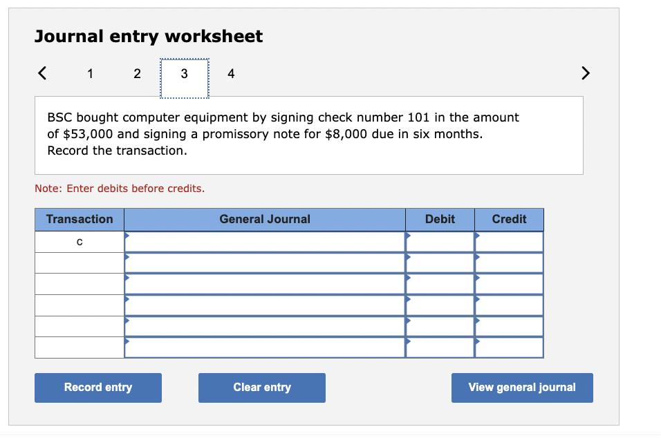 Solved Journal entry worksheet BSC bought computer equipment | Chegg.com