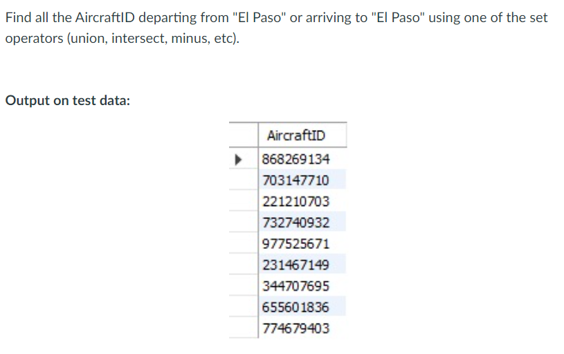 Solved Find all the AircraftID departing from "EI Paso" or | Chegg.com