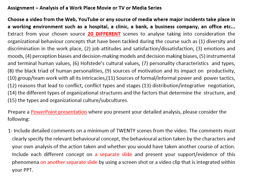 Solved Assignment - Analysis of a Work Place Movie or TV or | Chegg.com
