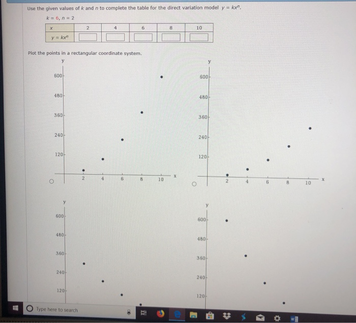 Solved Use the given values of k and n to complete the table | Chegg.com