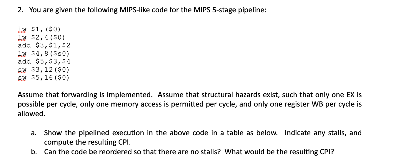 Solved 2. You are given the following MIPS-like code for the | Chegg.com