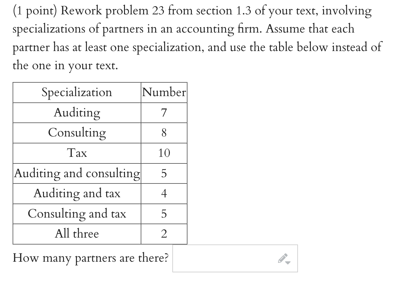 Solved (1 point) Rework problem 23 from section 1.3 of your | Chegg.com