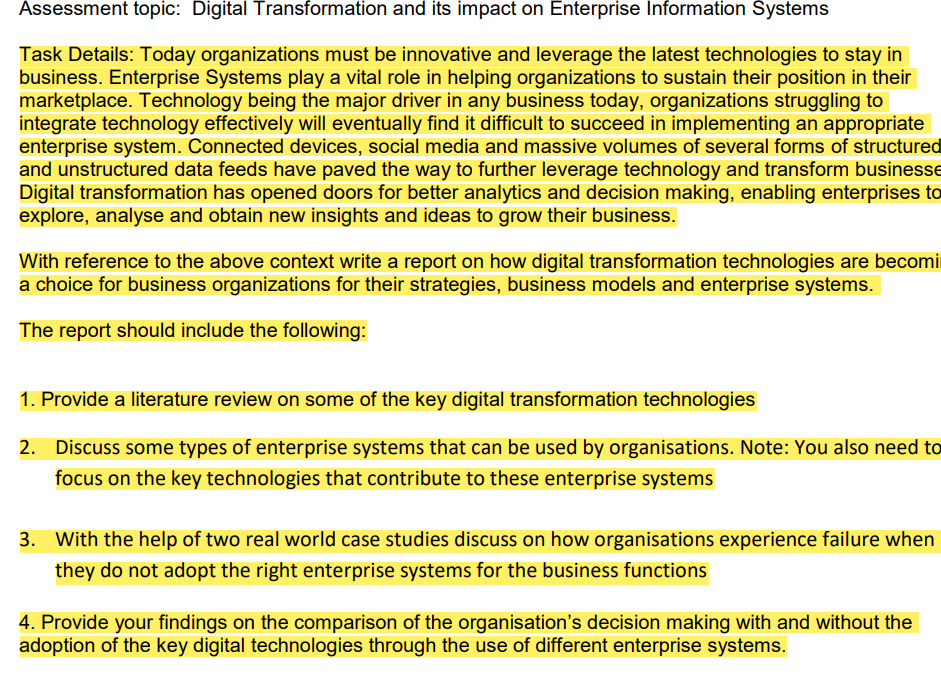 Solved Assessment topic: Digital Transformation and its | Chegg.com