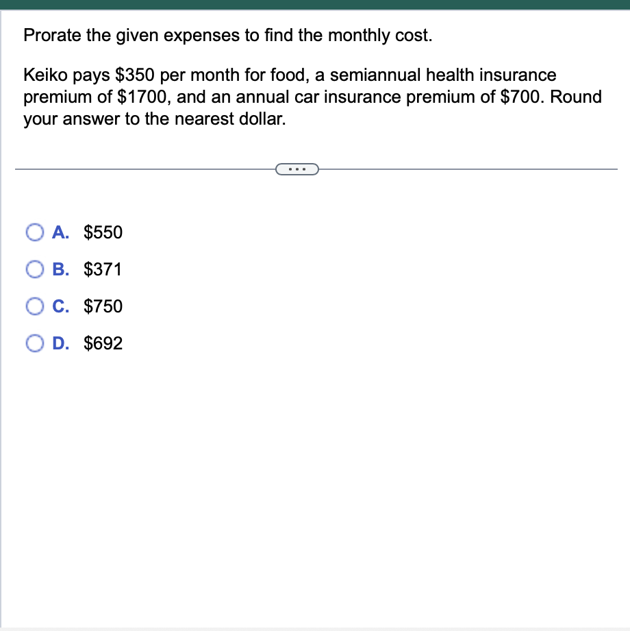 Solved Prorate the given expenses to find the monthly cost. | Chegg.com