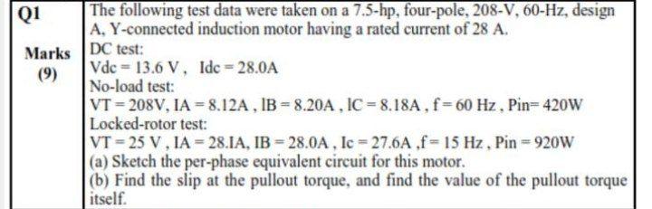 Solved Q1 The following test data were taken on a 7.5-hp, | Chegg.com