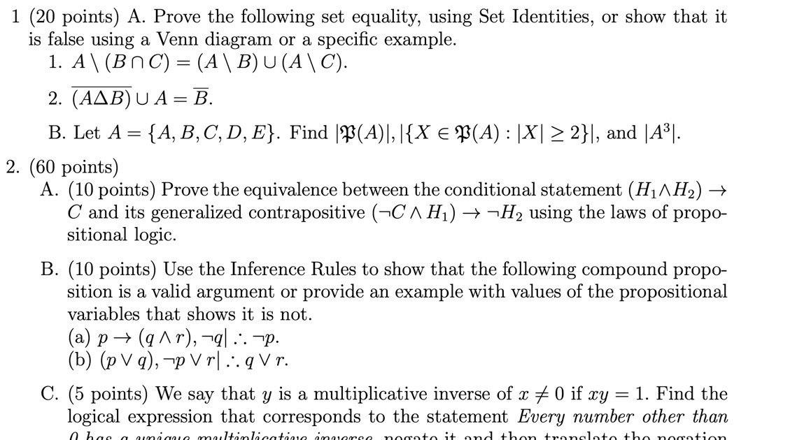 Solved 1 (20 points) A. Prove the following set equality, | Chegg.com