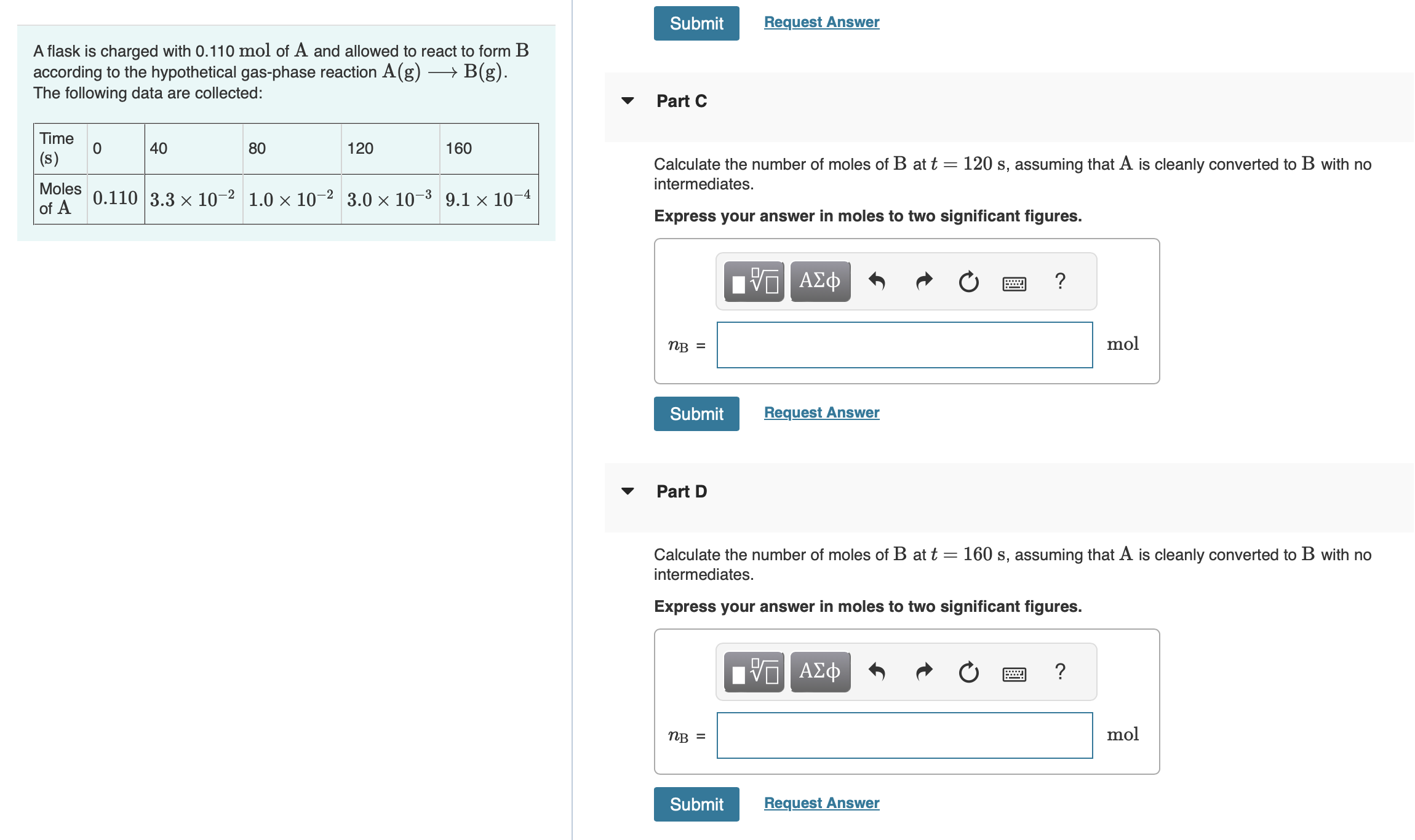 Solved A flask is charged with 0.110 mol of A and allowed to | Chegg.com