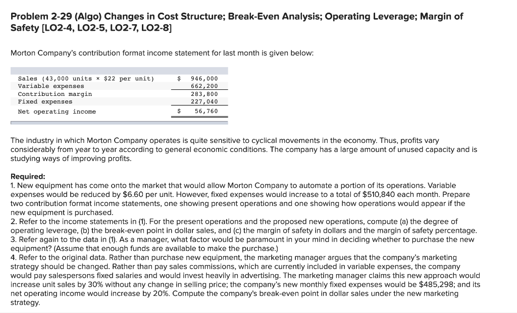 Solved Problem 2-29 (Algo) Changes in Cost Structure; | Chegg.com