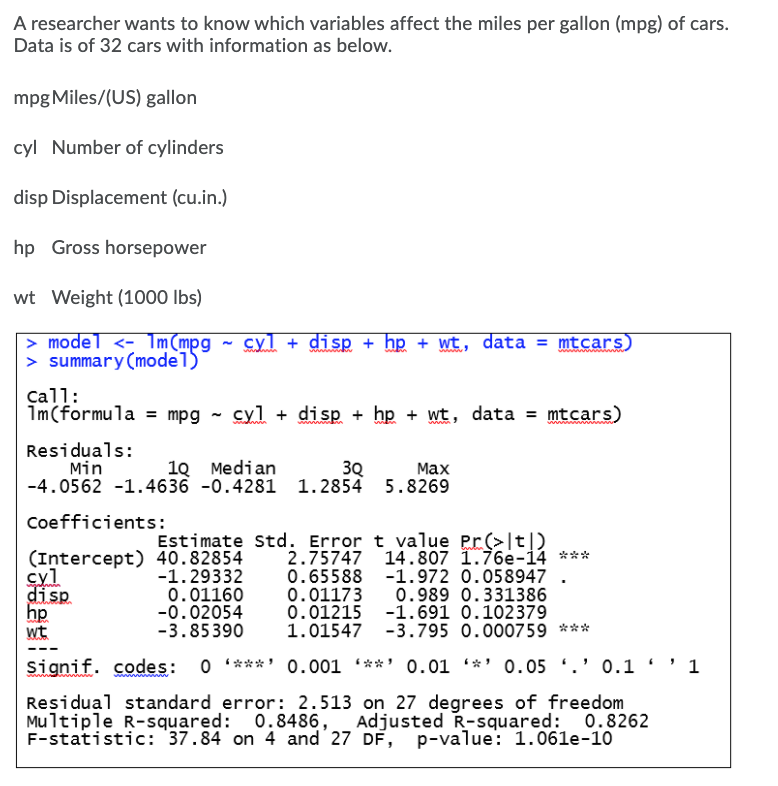 Solved A researcher wants to know which variables affect the | Chegg.com