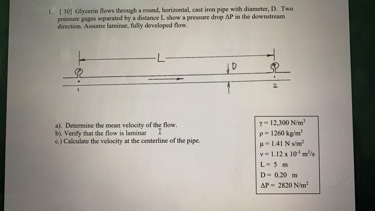 Solved 1. [30] Glycerin flows through a round, horizontal, | Chegg.com